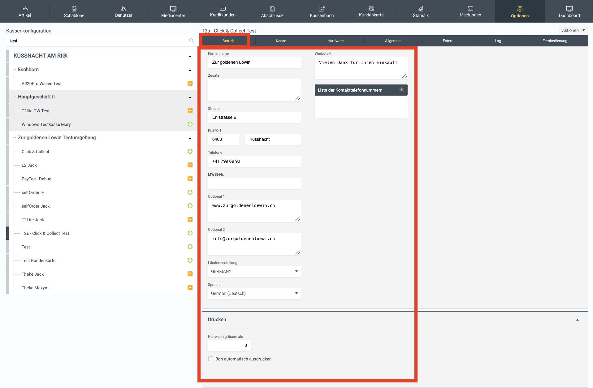 Betriebsdaten-Einstellungen für Ladenkasse: Übersichtsseite
